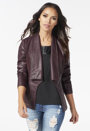 Faux Leather Ponte Jacket in Wine - Get great deals at JustFab